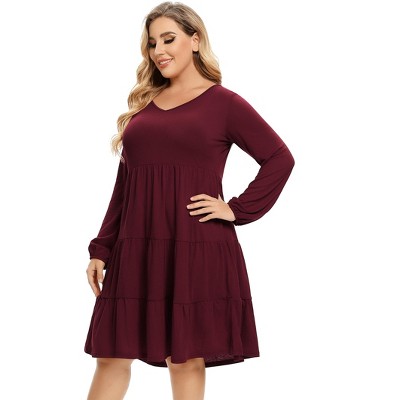 Large Size V-Neck Multi-Layered Ruffle Long Sleeve Dress : Target