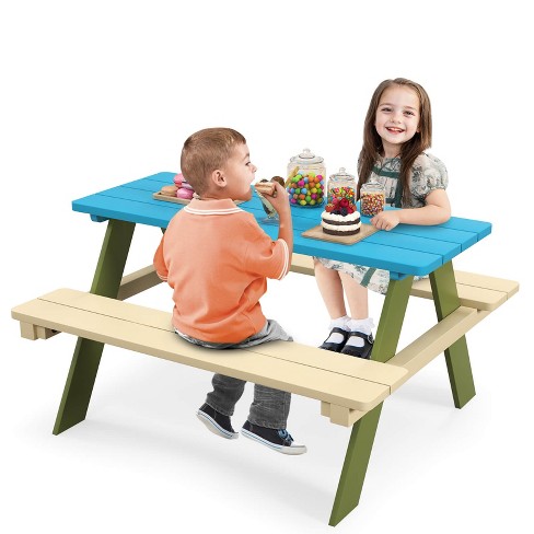 Infans Kids Wooden Picnic Table Set Solid Dining Table With Built-in ...