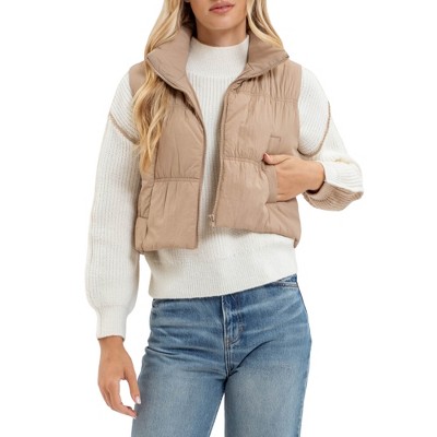 August Sky Women's Collared Zip Up Cropped Puffer Vest - Mocha, Medium ...