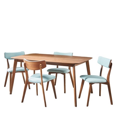 5pc Alma Mid Century Wood Dining Set Walnut/mint - Christopher Knight Home: Rectangle Table, 4 ...