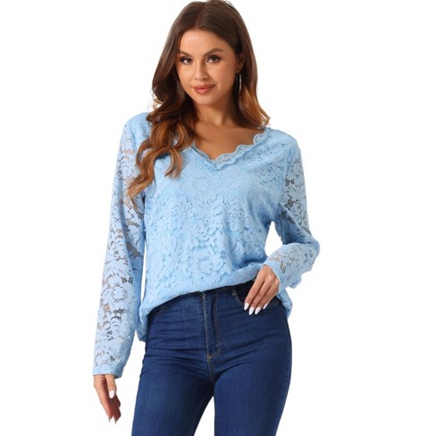 Allegra K Women's Floral Embroidery Sheer Long Sleeves Lace Blouse Sky ...