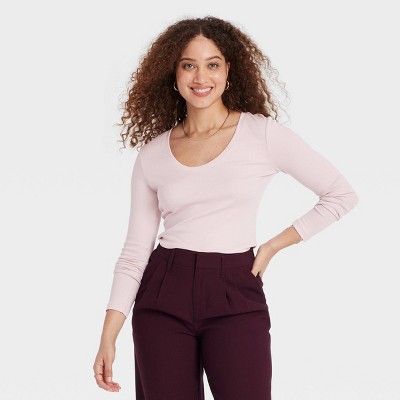 Women's Slim Fit Long Sleeve Scoop Neck Ribbed T-shirt - A New Day ...