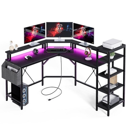 L Shaped Desk With Power Outlets & Led Lights, 62" Computer Desk With ...