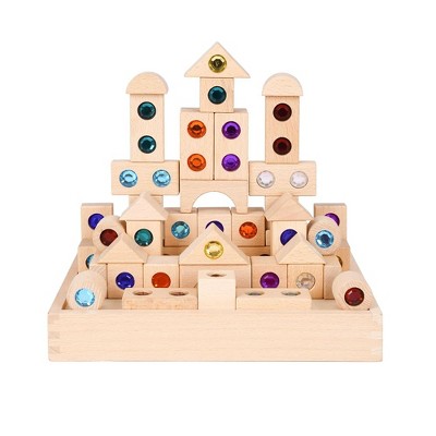 50 Pieces Wooden Building Blocks Set, Transparent Rainbow Gem Stacking ...