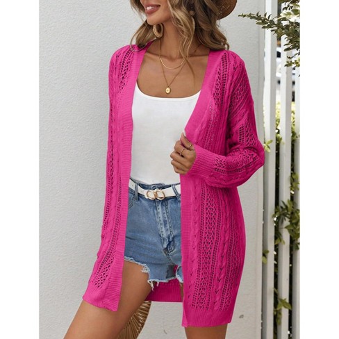 Womens Crochet Knit Cardigan Long Sleeve Open Front Cardigan Above Knee ...