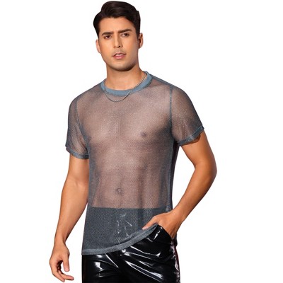 Lars Amadeus Men's See-through Short Sleeves Party Disco Shiny Glitter ...