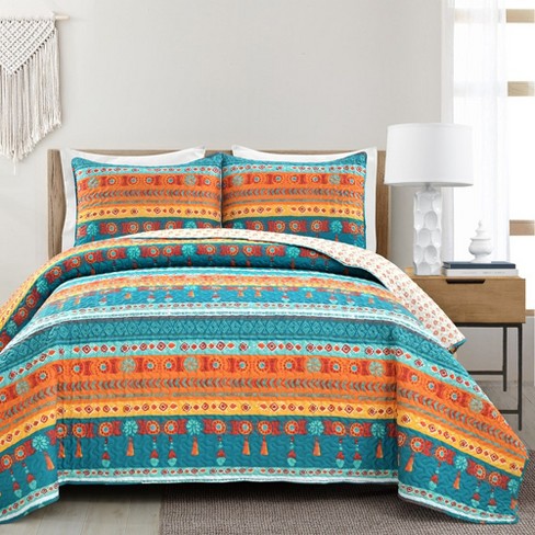 Boho Watercolor Border Quilt Turquoise/multi 3pc Set Full/queen : Target