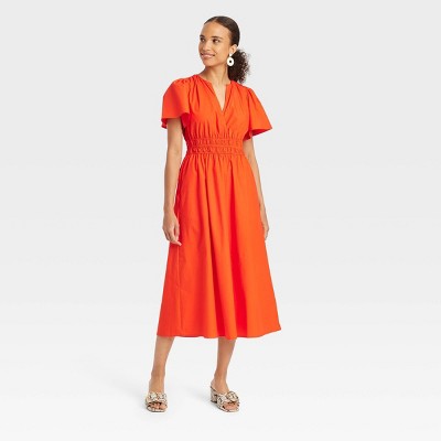 Women's Flutter Short Sleeve Poplin Midi A-line Dress - A New Day ...