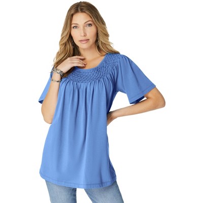 Roaman's Women's Plus Size Smocked Tee - 12, Dusty Indigo : Target