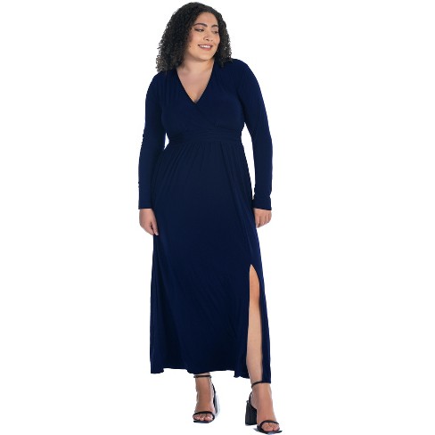24seven Comfort Apparel Long Sleeve V Neck Side Slit Plus Size Maxi ...