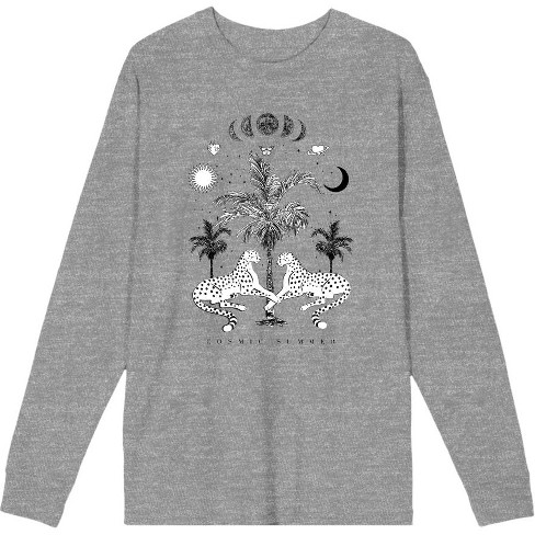 Cosmic Summer Cheetahs Crew Neck Long Sleeve Heather Gray Adult Tee ...