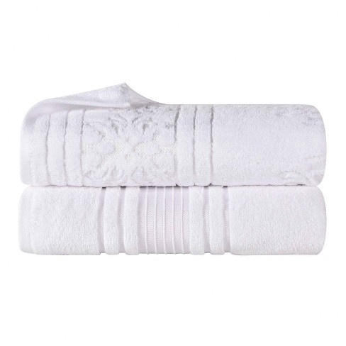 Zero Twist Cotton Solid And Floral Jacquard Bath Sheet Set Of 2, White ...
