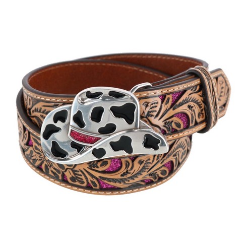 Angel Ranch Girl's Tooled Leather Western Belt With Cowgirl Hat Buckle ...