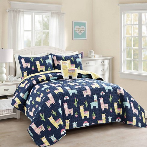 4pc Full queen Kids Southwest Llama Cactus Reversible Quilt Set Navy Lush Decor Childrens Bedding Kids Bedroom Decor Target
