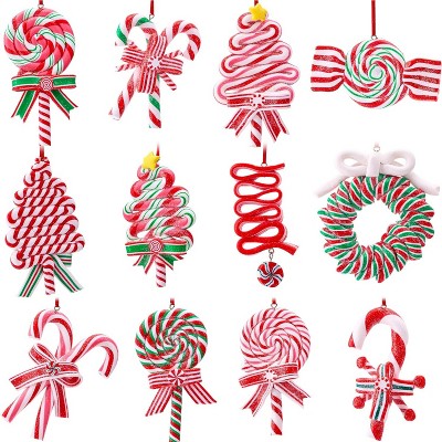 Joyfy 12 Pcs Christmas Ornament Candy Cane With Wreaths Christmas Trees ...