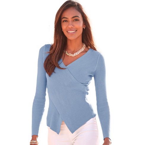Lascana Women's Overlapping V-neck Sweater Solid Light Blue Small : Target