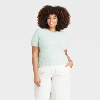 Women's Fuzzy Short Sleeve Crewneck Pullover Sweater - A New Day™ Mint ...