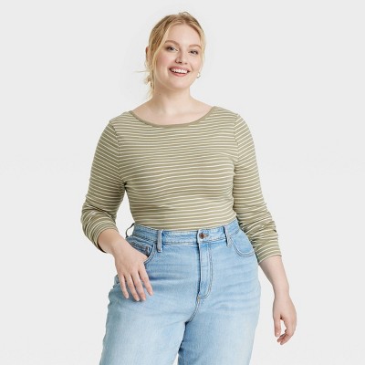 Women's Fitted Long Sleeve Scoop Neck T-shirt - Universal Thread™ Olive ...