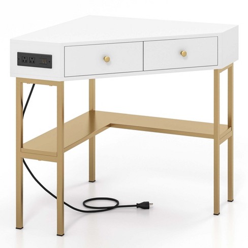 Costway Corner Desk With Built-in Charging Station Storage Drawers ...