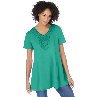 Woman Within Women's Plus Size Rounded V-neck Crochet Tunic - 2x ...