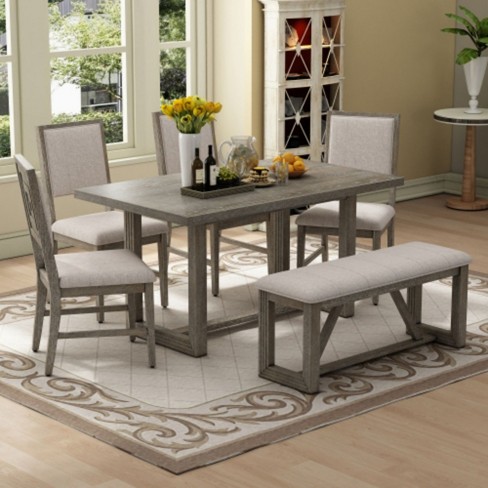 6-piece Retro Dining Set, 1 Rectangular Table With Designed Trestle ...