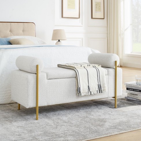 Elegant Upholstered White Linen Storage Bench With Cylindrical Arms And ...