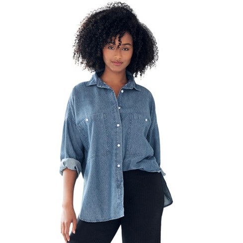 Ellos Women's Plus Size Oversized Button-front Denim Shirt : Target