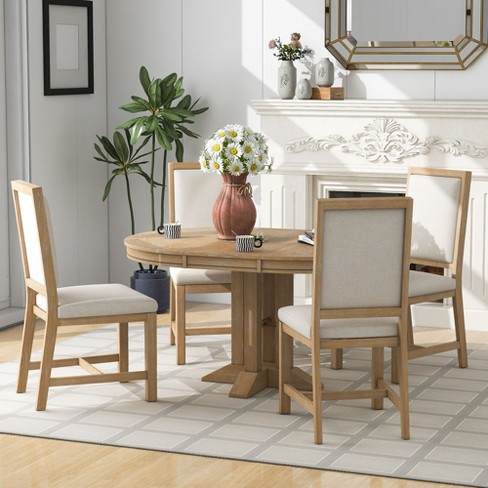 5-piece Dining Set With Extendable Round Table And 4 Upholstered Chairs ...
