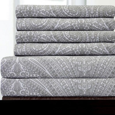 6 Piece Paisley Printed Gray Sheet Set, Deluxe Ultra Soft 1500 Series ...