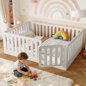 Full Size Floor Bed with Door, Solid Wood Platform Bed with High Fence ...