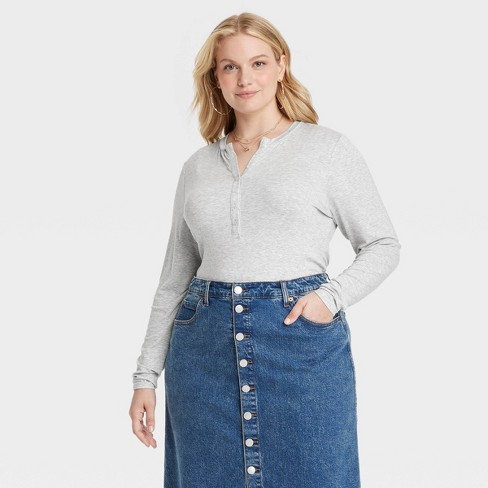 Women's Long Sleeve Henley Neck T-shirt - Universal Thread™ Heather ...