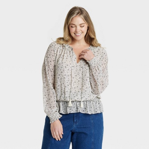 Women's Long Sleeve Blouse - Universal Thread™ Cream Floral 2x : Target