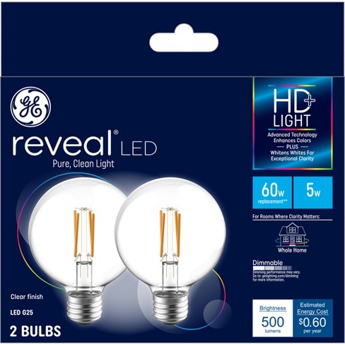 Ge 2pk 60w Reveal Hd+ G25 Led Globe Light Bulbs: Dimmable, 500 Lumens ...