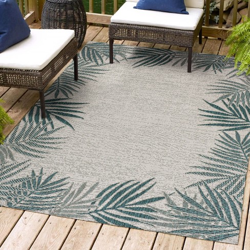 Isla Coastal Cottage Palm Frond Border Blue/cream 5 Ft. X 8 Ft. Indoor ...