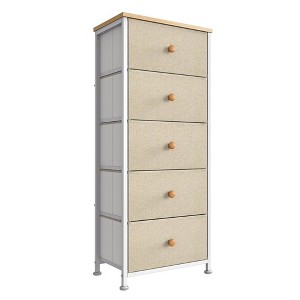 REAHOME 5 Drawer Vertical Steel Frame Storage Organizer Narrow Tower Dresser with MDF Top Adjustable Feet and Wall Safety Attachment Taupe