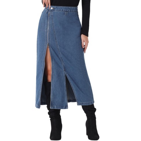 Inspire Chic Women's Denim Zipper Front Split Long Skirt With Pockets ...