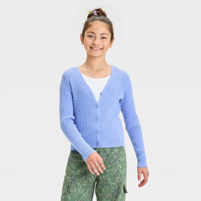 Girls' Crew Neck Cable Uniform Cardigan Sweater - Cat & Jack™ Blue Xs ...