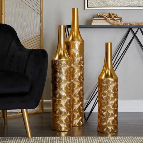 Set Of 3 Tall Metal Metallic Vase With Etched Swirl Patterns Gold ...