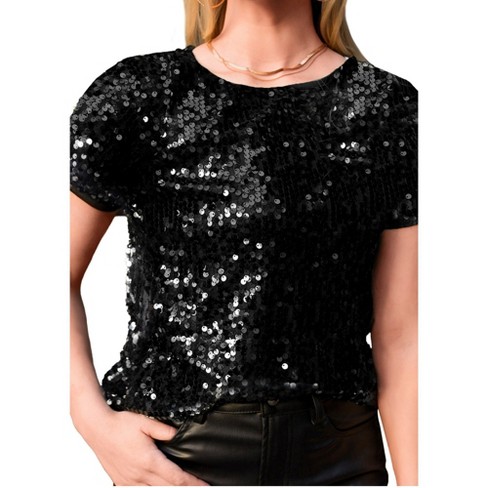 Anna-kaci Glitter Sequin Tops Short Sleeve Sparkly Binding Shirt Blouse ...