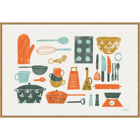 33" X 23" Retro Kitchen I By Becky Thorns Framed Canvas Wall Art Print ...