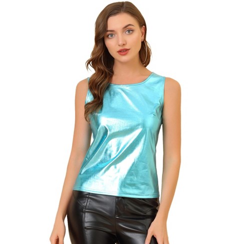 Inspire Chic Women's U-neck Stretchy Slim Fit Shiny Sparkly Metallic ...