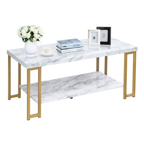 Modern Coffee Table Faux Marble Top Accent Cocktail Table w Gold Metal Frame