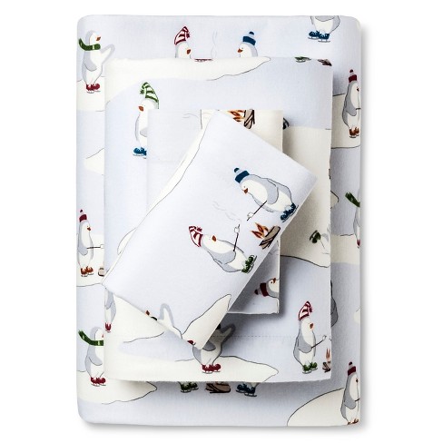 Queen Patterned Flannel Sheet Set Blue Skating Penguins - Eddie Bauer ...