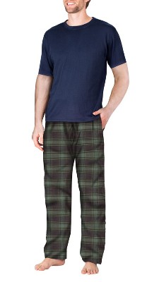 Sleephero Men's Short Sleeve Flannel Pajama Set Navy With Green And ...