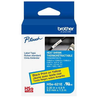 Brother HSE621E 3/8in (9mm) Black on Yellow Heat Shrink Tube, 3:1 ...