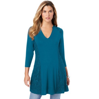 Roaman's Women's Plus Size Lace-panelled Fit-and-flare Top, 12 - Deep ...