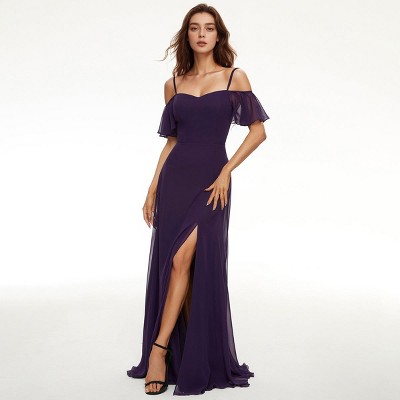 Off Shoulder Short Sleeves Side Slit Bridesmaid Dress, Dark Purple, 22 ...