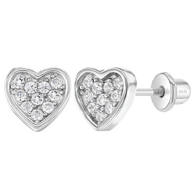 Girls' Heart Full Of Gems Screw Back Sterling Silver Earrings - Clear ...