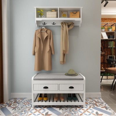 Fufu&gaga White Wooden Wall Mounted Hall Tree Set Hooks And Bench : Target