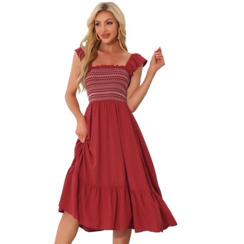 Allegra K Women's Square Neck Ruffle Trim Flowy Smocked Midi Sundresses ...